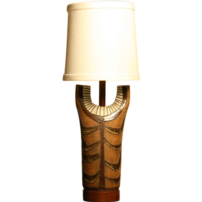 Monolithic heavy lamp by Brent Bennett with custom silk shade at 1stDibs