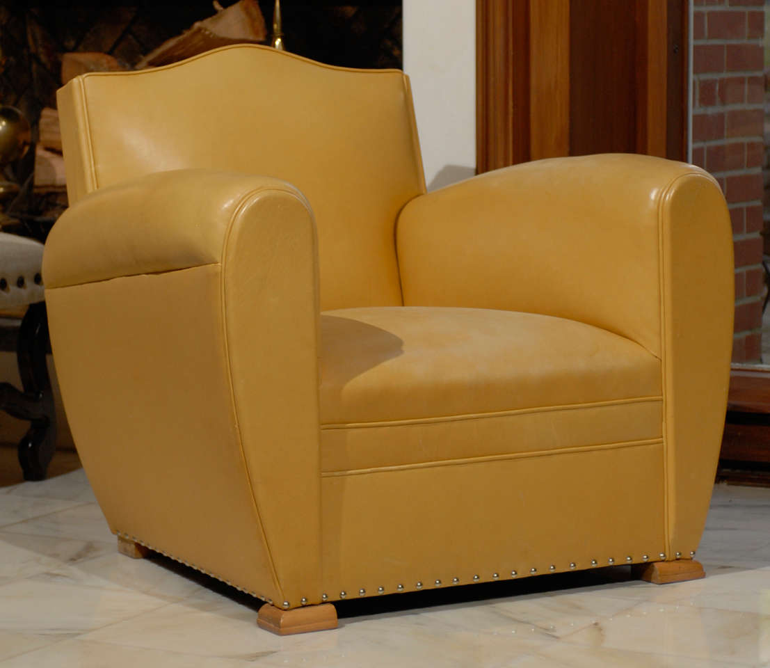 Handsome Art Deco Club Chairs in Yellow Ochre Leather at 1stDibs