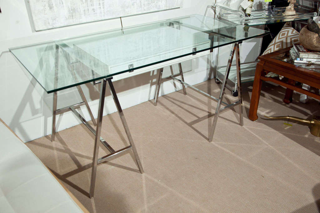 Gorgeous Mid Century Chrome Trestle Desk at 1stDibs | glass trestle ...