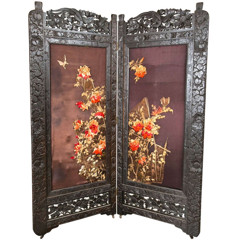 Two Panel Chinoiserie Decorated Embroidered Screens at 1stDibs