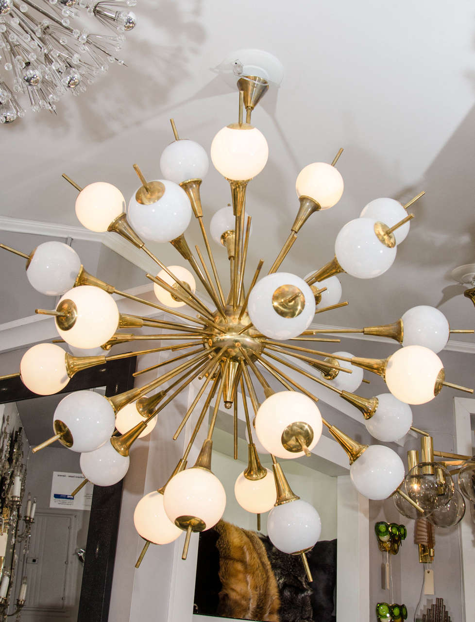 Custom Sputnik Chandelier with White Glass Orbits at 1stDibs