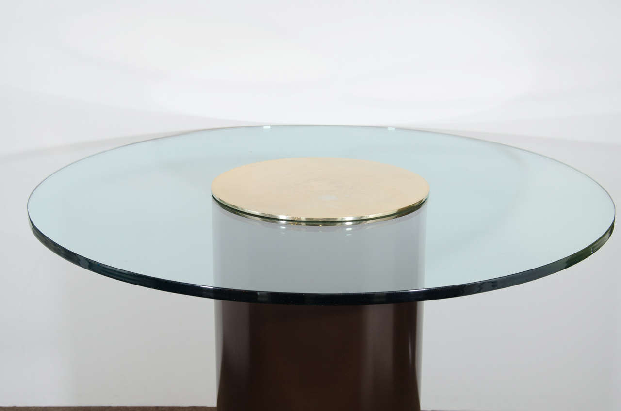 Midcentury Glass Top Table with Cylindrical Column and Brass Pedestal ...