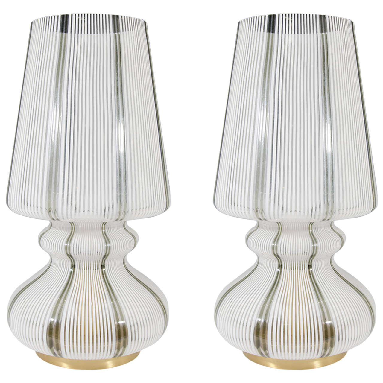 A Midcentury Pair of White Murano Glass Striped Table Lamps at 1stDibs