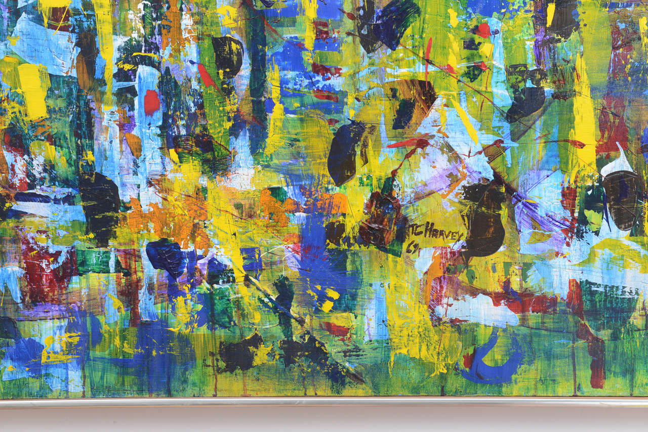 Gorgeous Brightly Colored MCM Abstract Painting by TC Harvey, 1969, USA ...