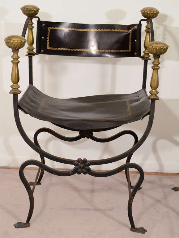 Vintage Italian Curule Form Armchairs in Leather and Iron at 1stDibs