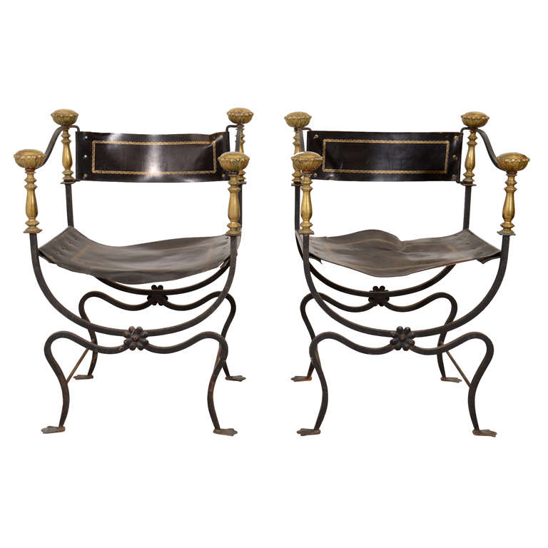 Vintage Italian Curule Form Armchairs in Leather and Iron at 1stDibs