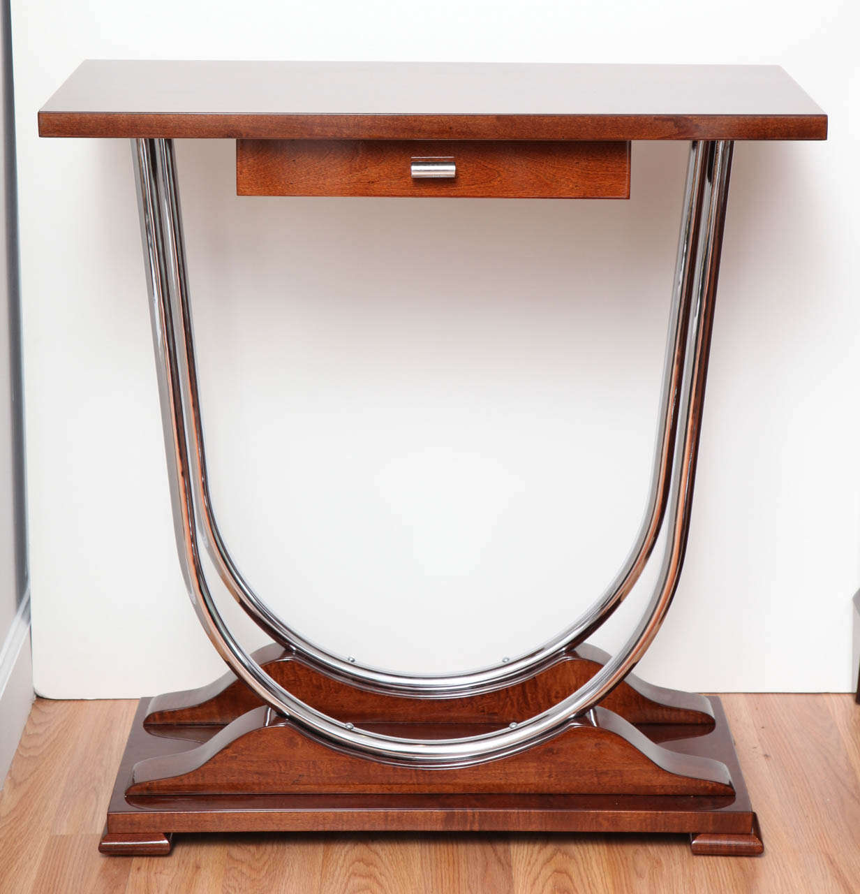 Pair of Machine Age Art Deco Console Tables with Double Chrome U ...