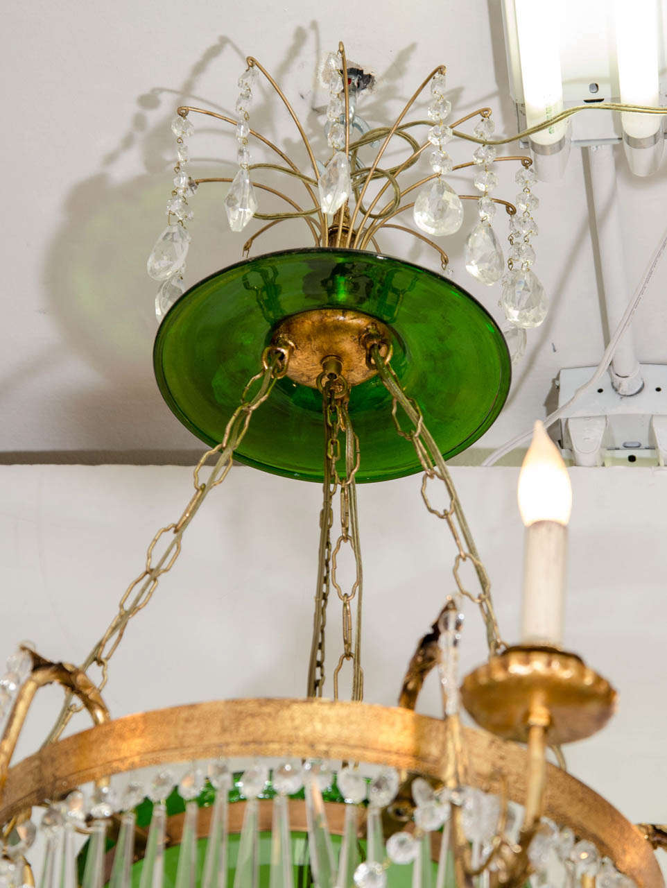 A Vintage Green Glass Bell Jar Chandelier W/Hanging Crystals at 1stDibs