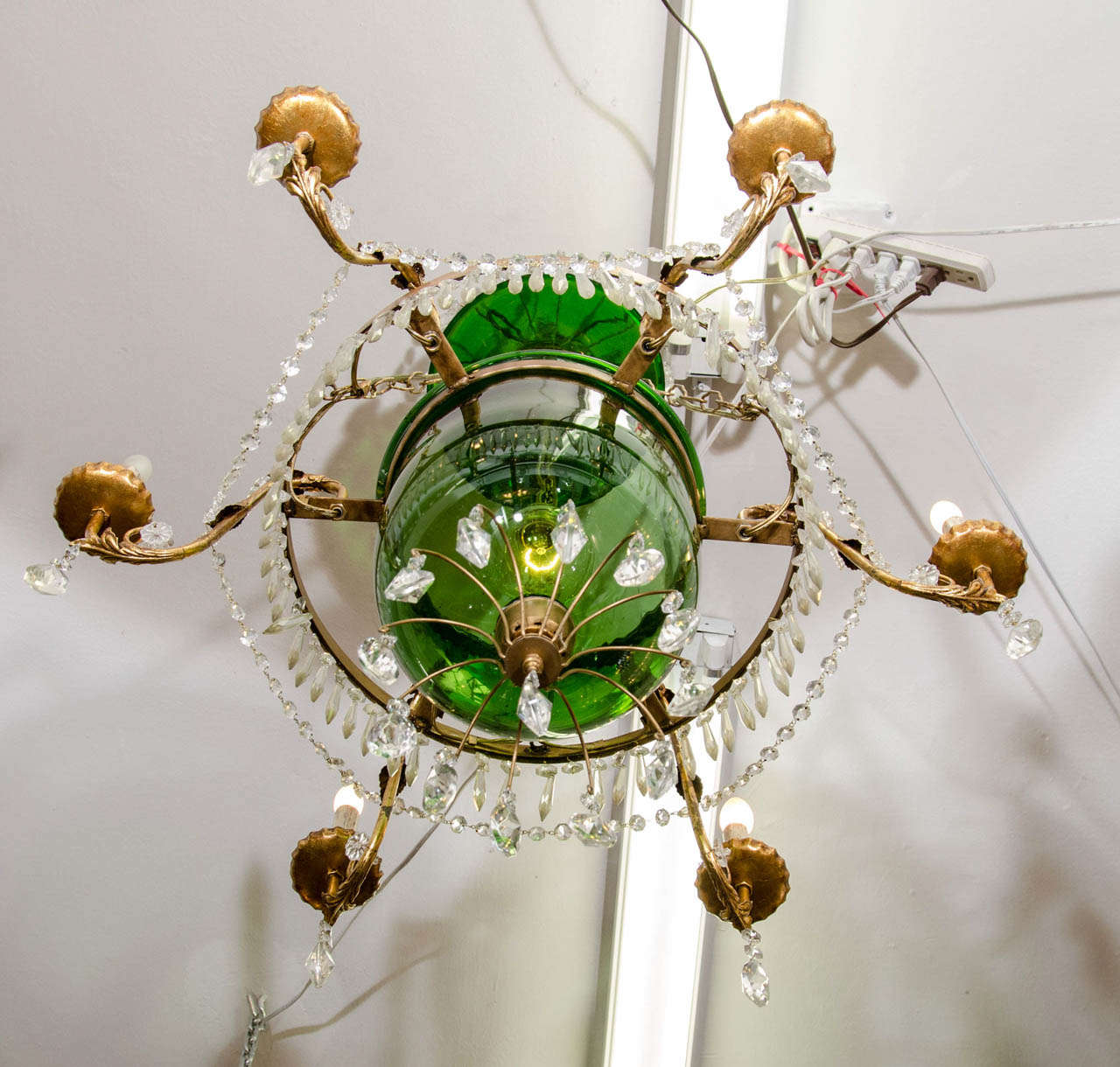 A Vintage Green Glass Bell Jar Chandelier W/Hanging Crystals at 1stDibs