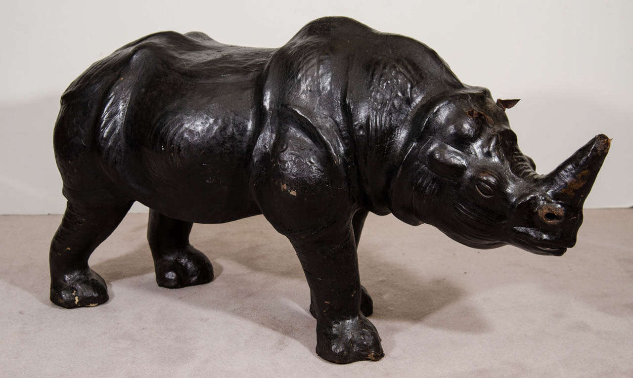 Vintage Black Leather Rhino Sculptural Foot Stool at 1stDibs