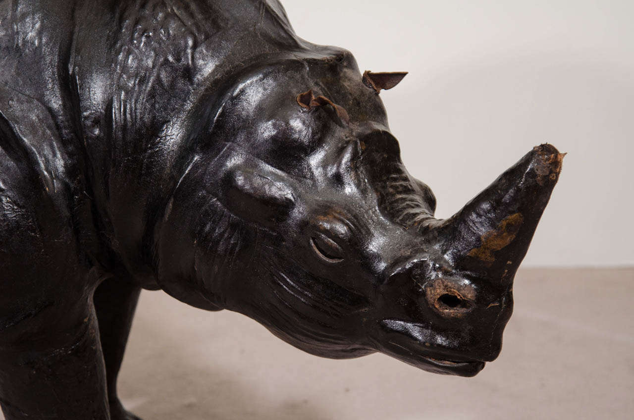 Vintage Black Leather Rhino Sculptural Foot Stool at 1stDibs