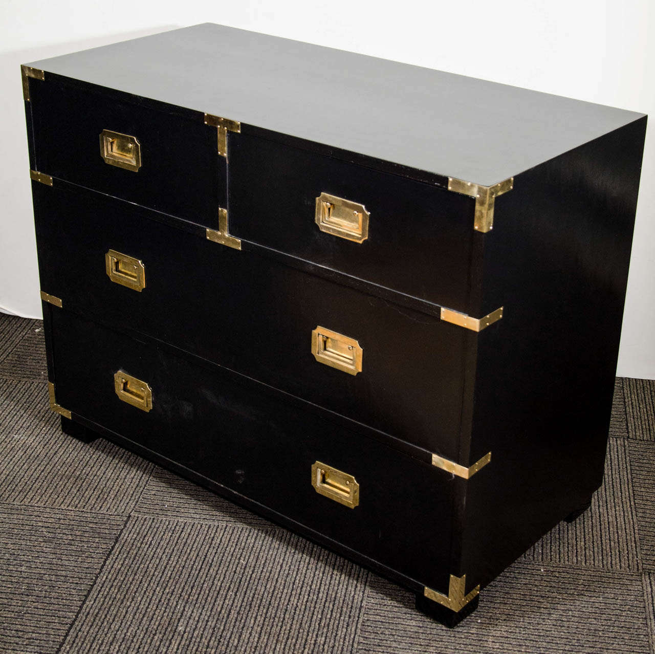 A Mid Century Black Lacquered Campaign Chest with Brass Hardware at ...