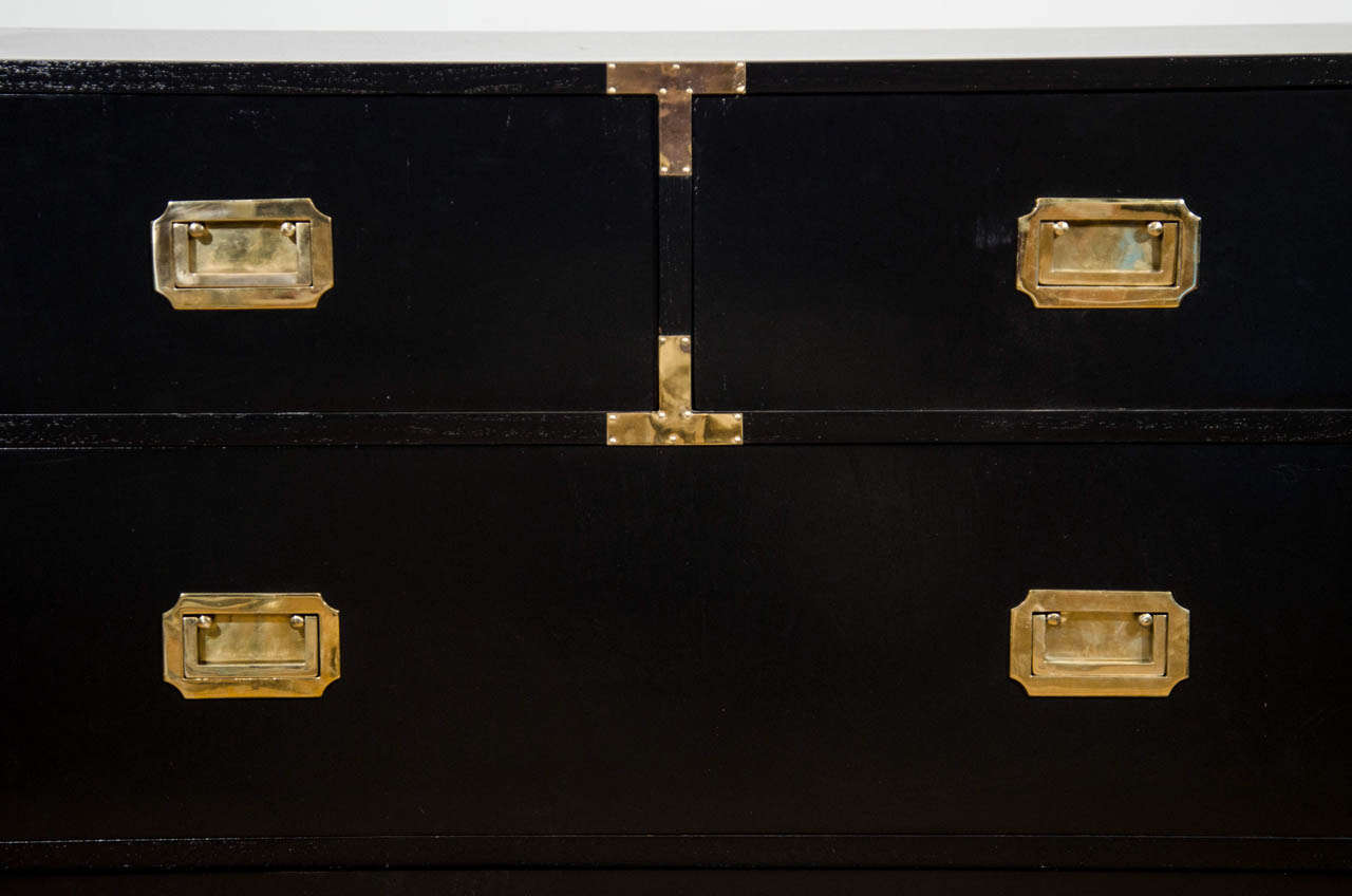 A Mid Century Black Lacquered Campaign Chest with Brass Hardware at ...