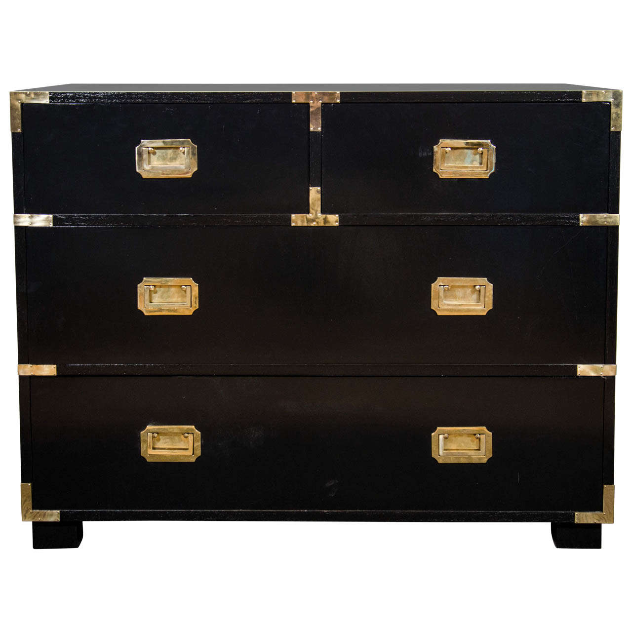 A Mid Century Black Lacquered Campaign Chest with Brass Hardware at ...