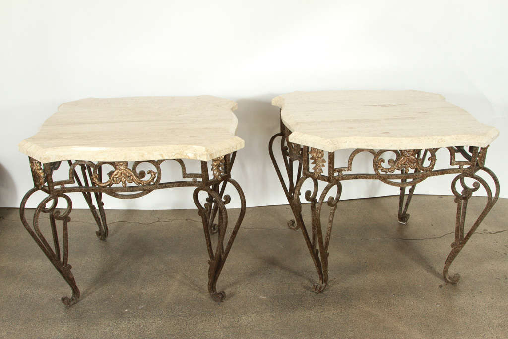 Pair of Outdoor Garden Side Tables Gilt Iron Base with Limestone Top at ...