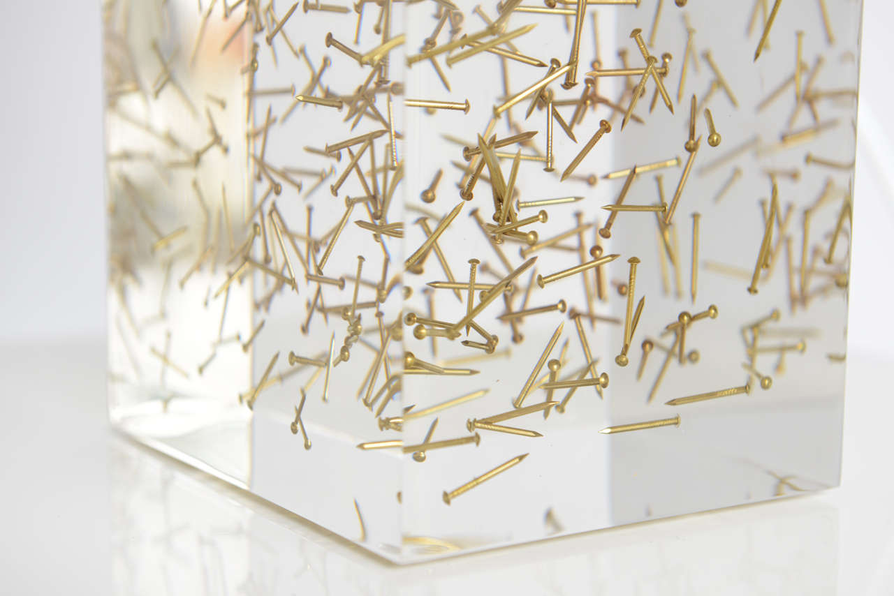 Pair Of Unique Lucite Block Lamps With Floating Brass Nails at 1stDibs