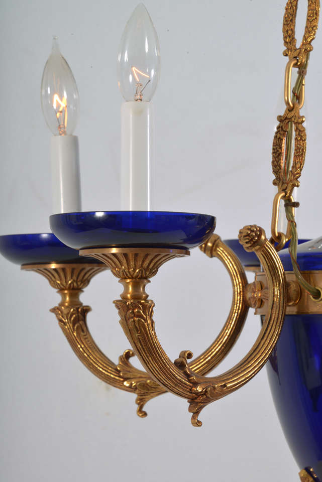1970s Vintage Five-Lght Italian Cobalt Blue Crystal with Gold Ormolu ...
