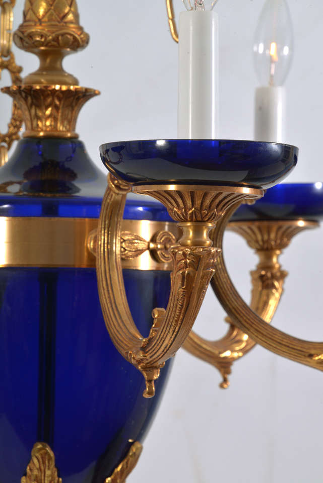 1970s Vintage Five-Lght Italian Cobalt Blue Crystal with Gold Ormolu ...