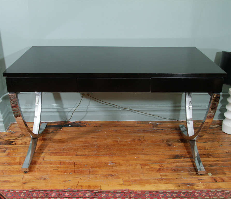 Mid Century Style Black Writing Desk with Curved Chrome X-Base at ...