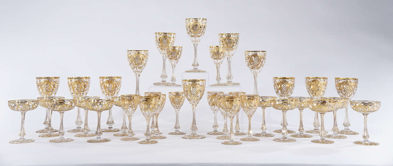 Exquisite Moser Handblown Crystal, Raised Paste Gold Stemware Service ...