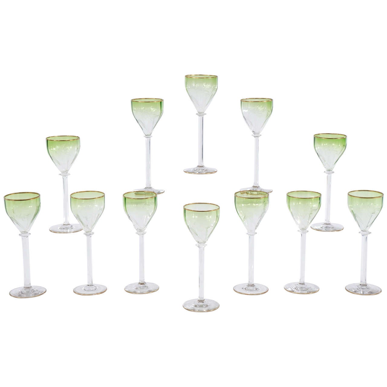 Block Crystal Set of 4 Emerald Green Blown Goblets with Clear Bubble ...