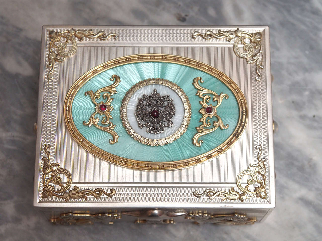 Russian Guilloche Enameled Jeweled Silver Box For Sale at 1stDibs