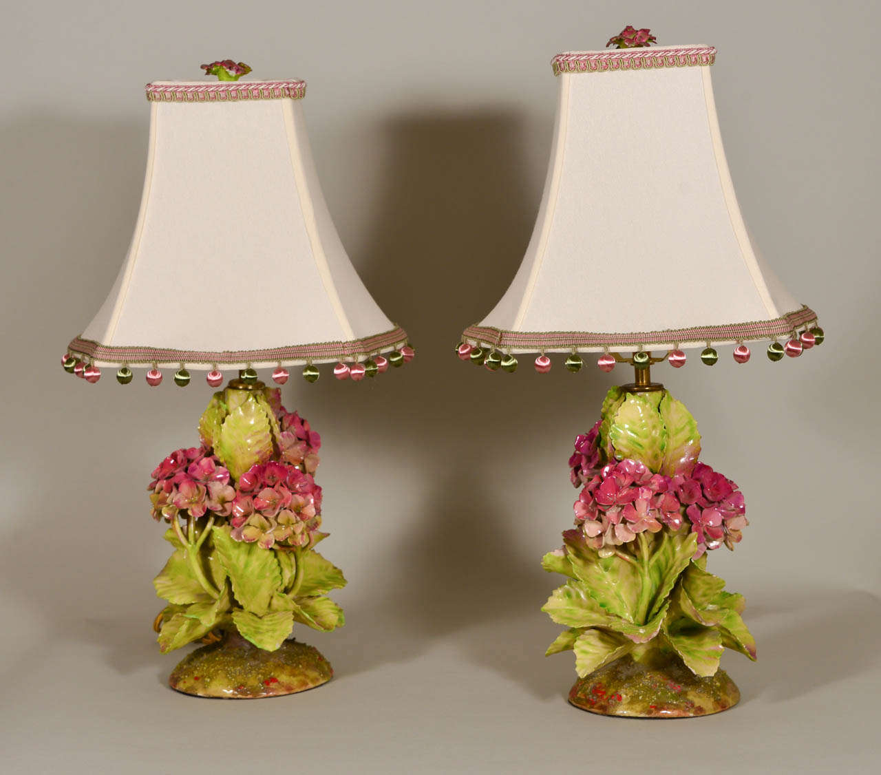 Pair of Majolica Hydrangea Lamps with Trimmed Shades For Sale at 1stDibs
