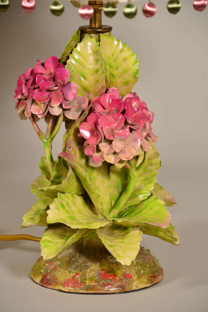 Pair of Majolica Hydrangea Lamps with Trimmed Shades For Sale at 1stDibs