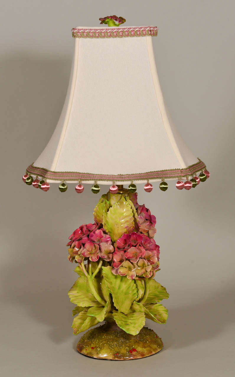 Pair of Majolica Hydrangea Lamps with Trimmed Shades For Sale at 1stDibs