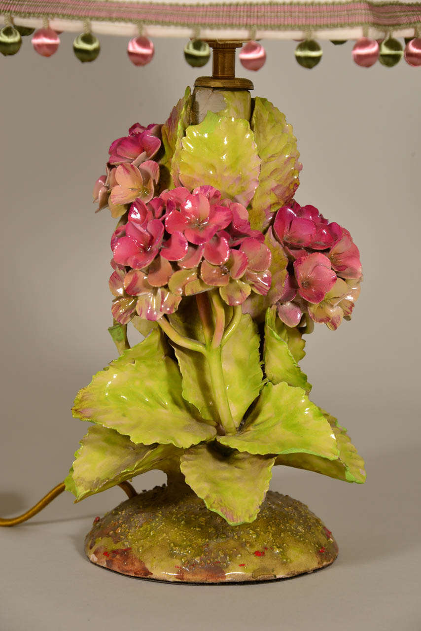 Pair of Majolica Hydrangea Lamps with Trimmed Shades For Sale at 1stDibs