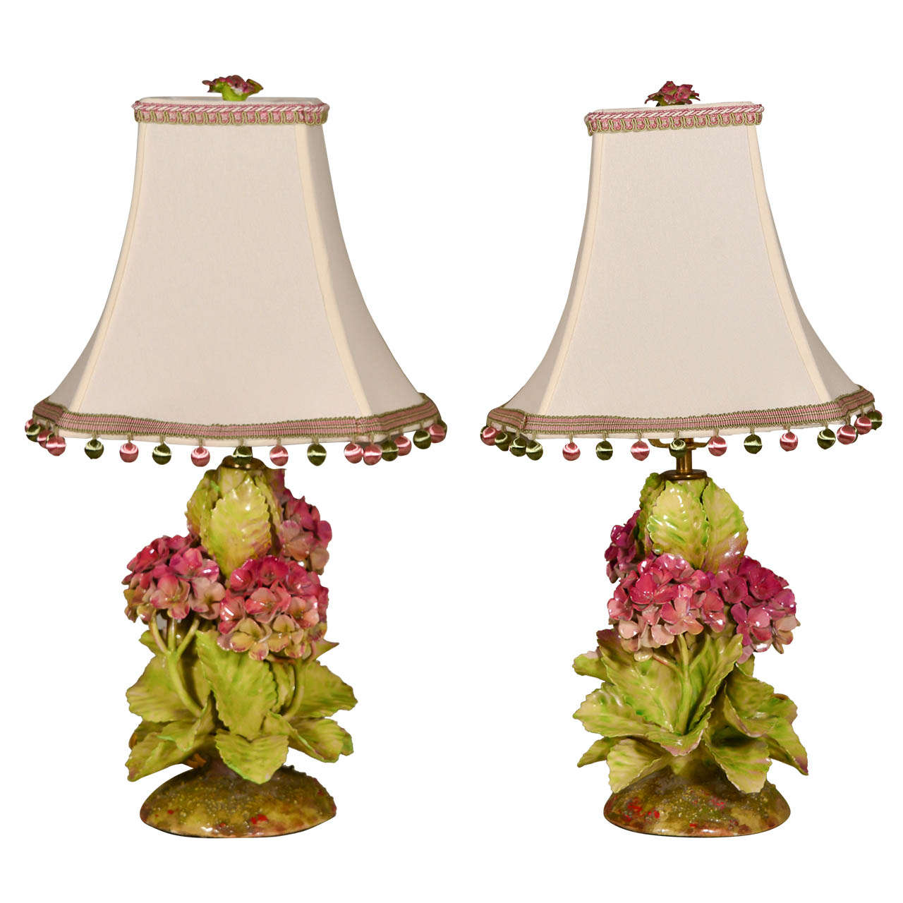 Pair of Majolica Hydrangea Lamps with Trimmed Shades For Sale at 1stDibs