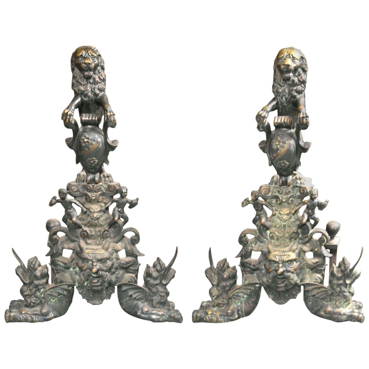 Bronze Figural Andirons-Mythical with Lions/Dragons at 1stDibs | lion ...