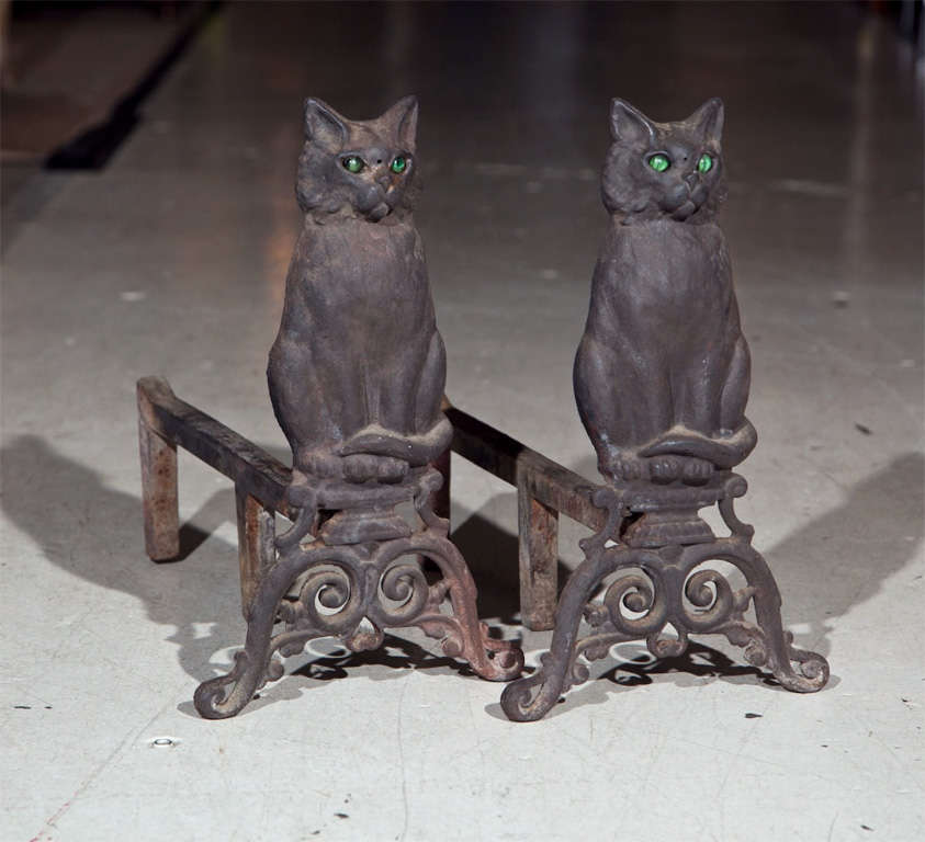 Cat Andirons with Green Glass Eyes* at 1stDibs | cat andirons antique ...