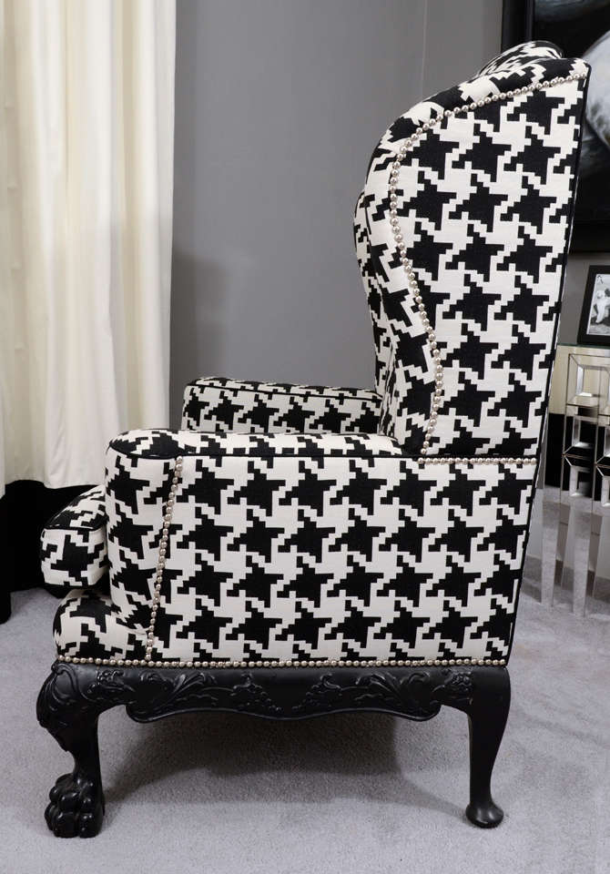 Single Ball and Claw Houndstooth English Wing Chair with Nickel ...