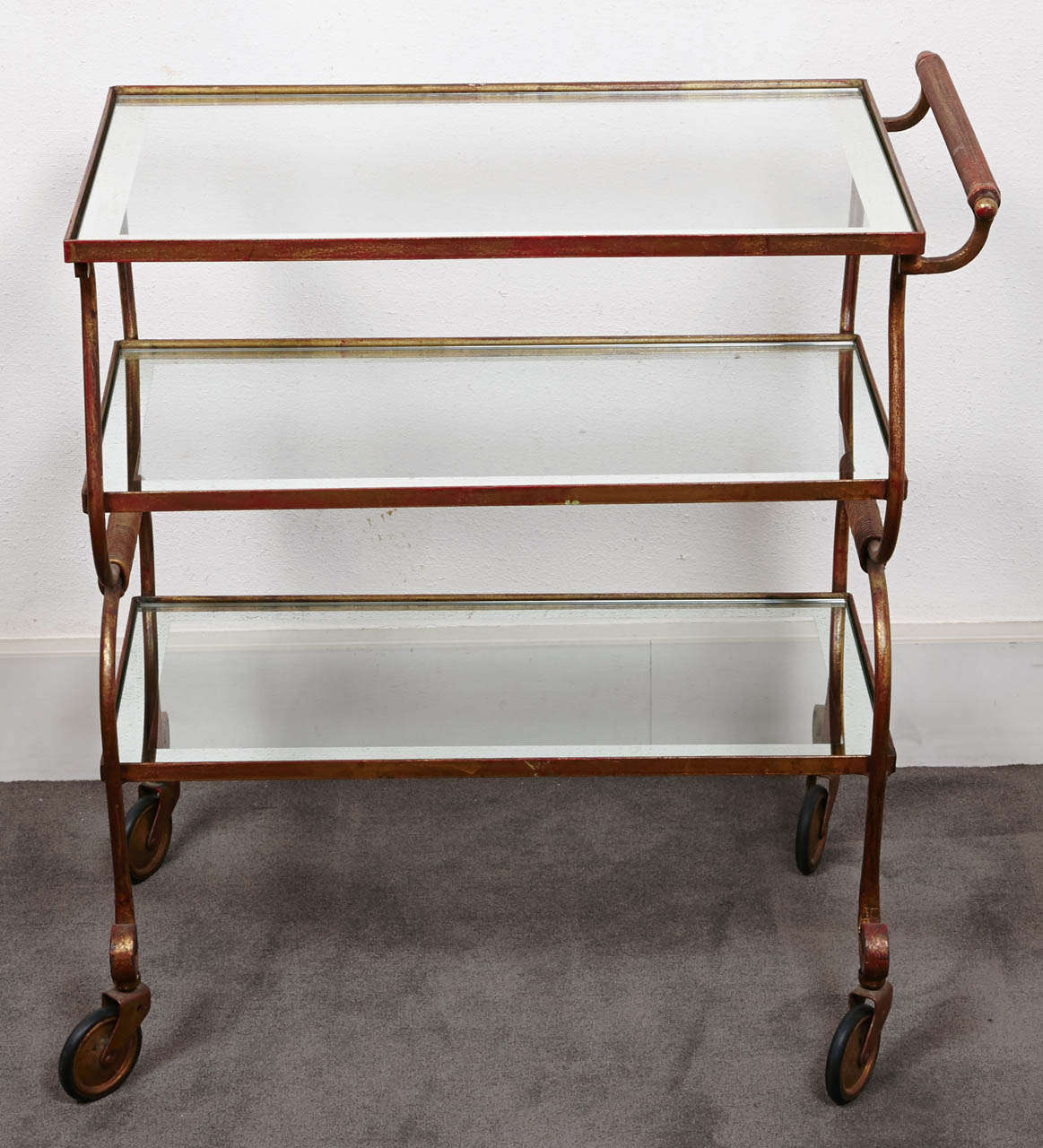 Gilt Wrought Iron Trolley with Mirrored Tops, France, 1940s at 1stDibs
