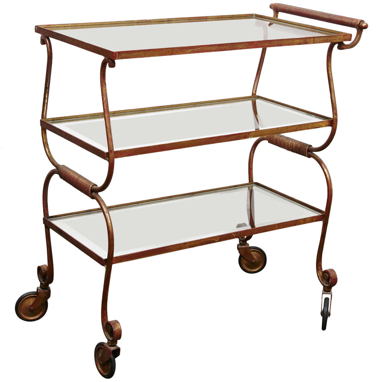 Gilt Wrought Iron Trolley with Mirrored Tops, France, 1940s at 1stDibs