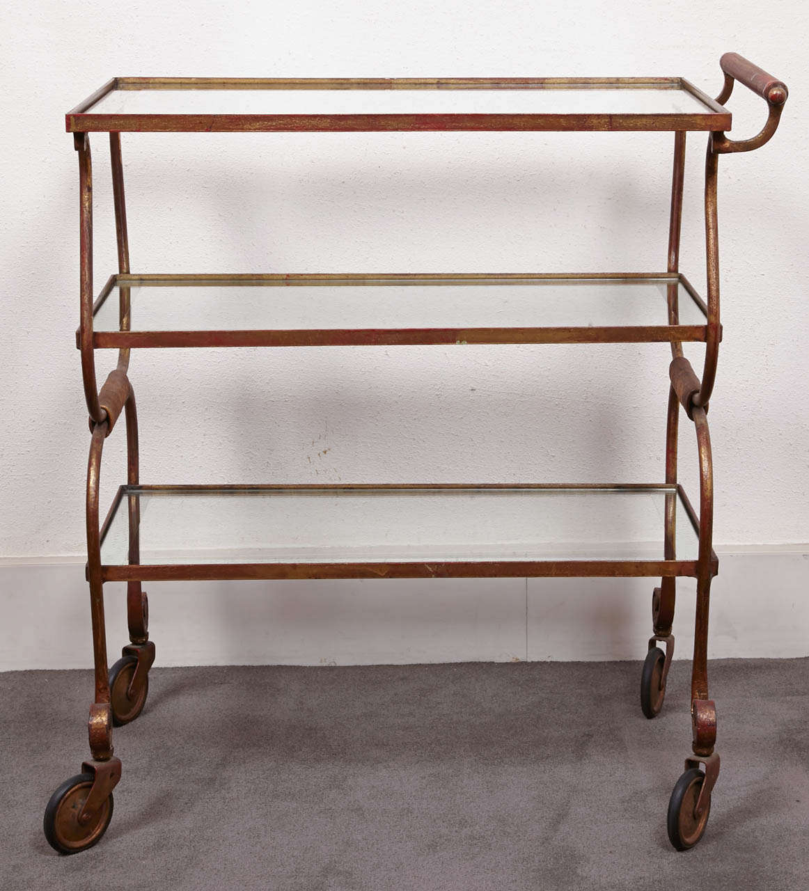 Gilt Wrought Iron Trolley with Mirrored Tops, France, 1940s at 1stDibs