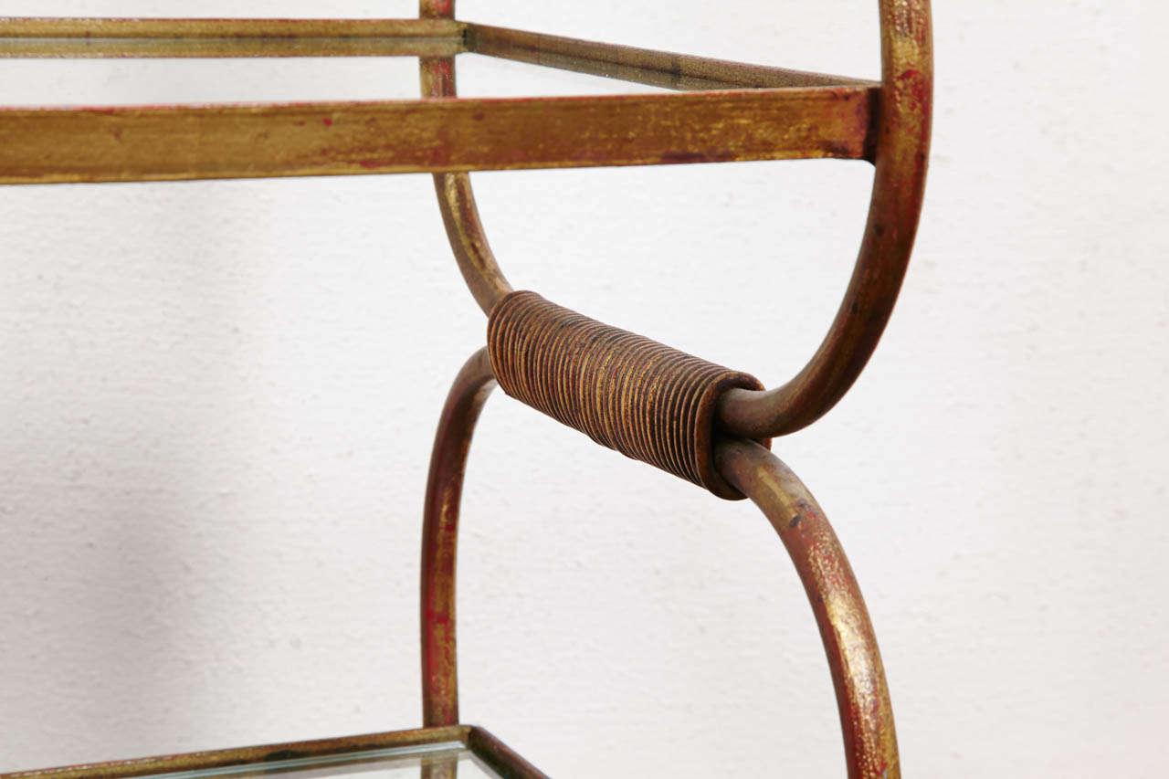 Gilt Wrought Iron Trolley with Mirrored Tops, France, 1940s at 1stDibs