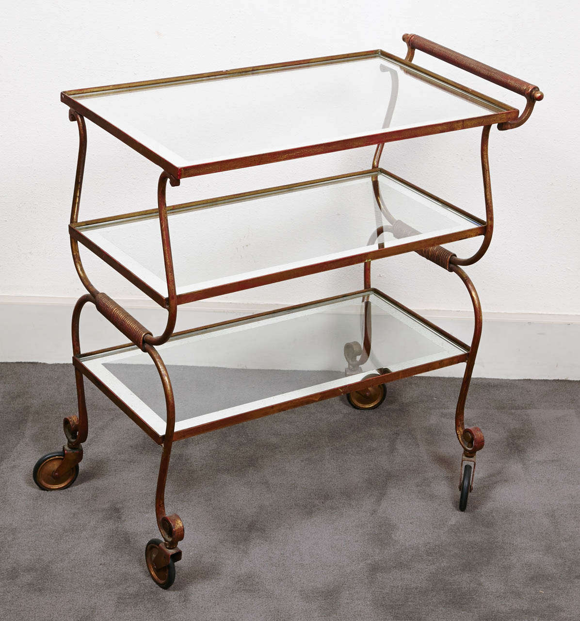 Gilt Wrought Iron Trolley with Mirrored Tops, France, 1940s at 1stDibs