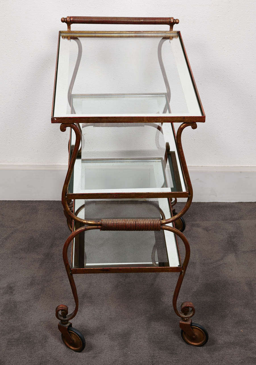 Gilt Wrought Iron Trolley with Mirrored Tops, France, 1940s at 1stDibs
