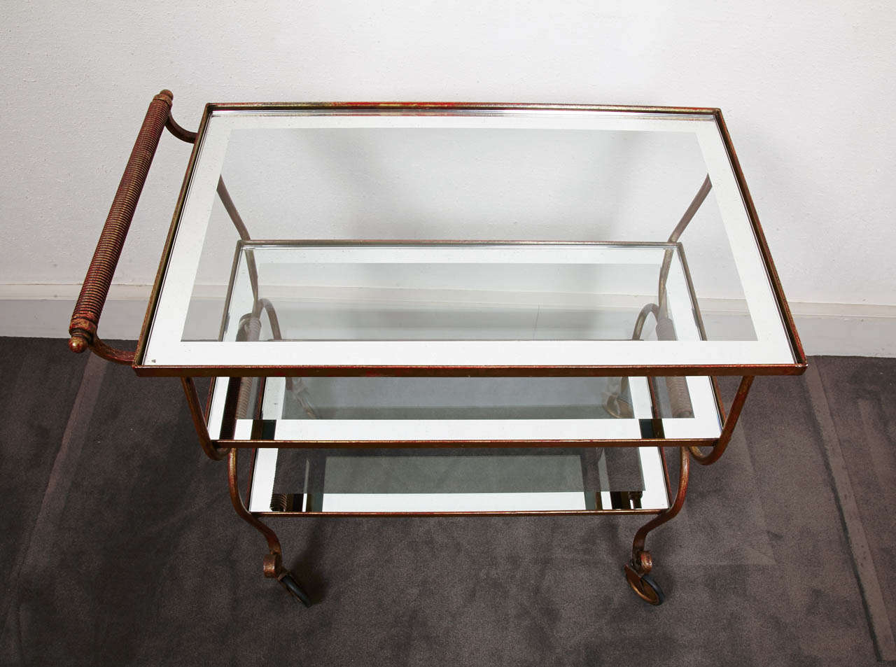 Gilt Wrought Iron Trolley with Mirrored Tops, France, 1940s at 1stDibs