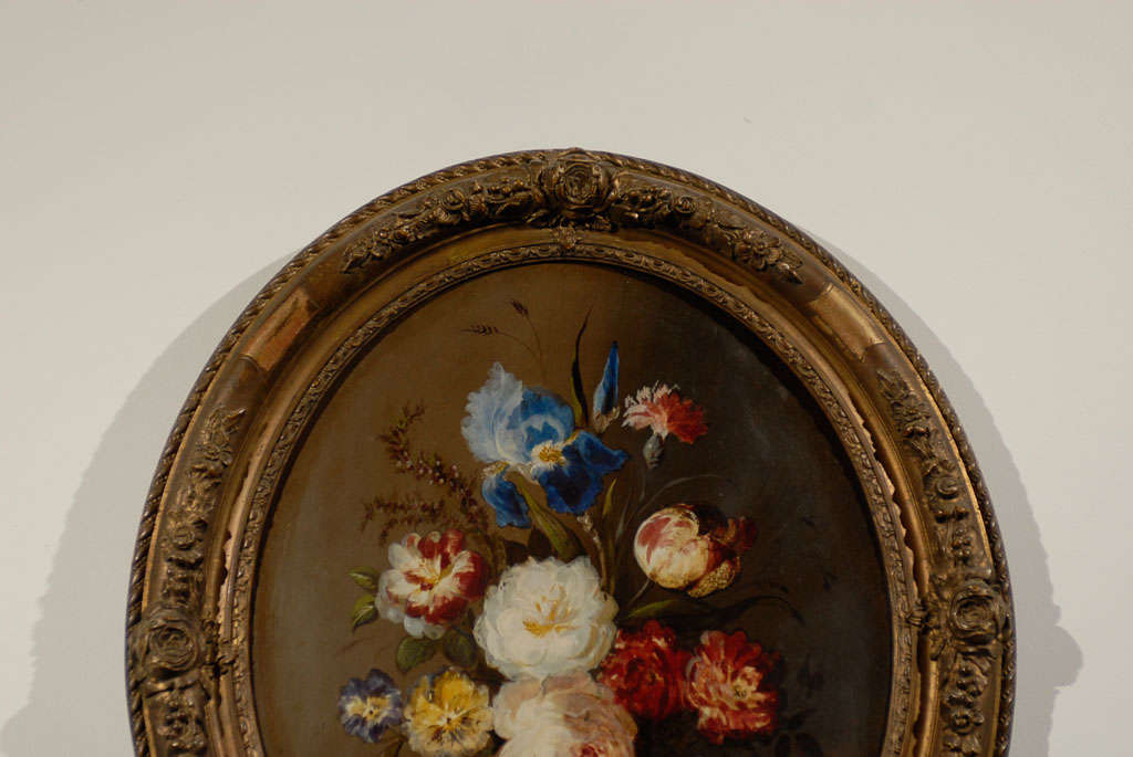 French Oval Floral Painting with Tulips, Roses and Irises in Gilt Frame ...