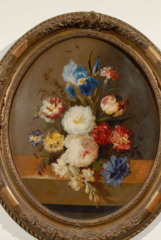French Oval Floral Painting with Tulips, Roses and Irises in Gilt Frame ...
