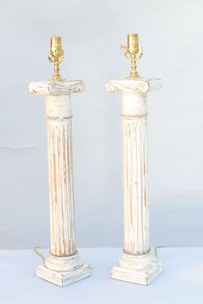 Pair of Carved Wood Column Lamps For Sale at 1stDibs