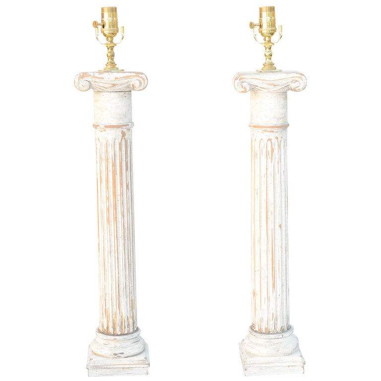 Pair of Carved Wood Column Lamps For Sale at 1stDibs