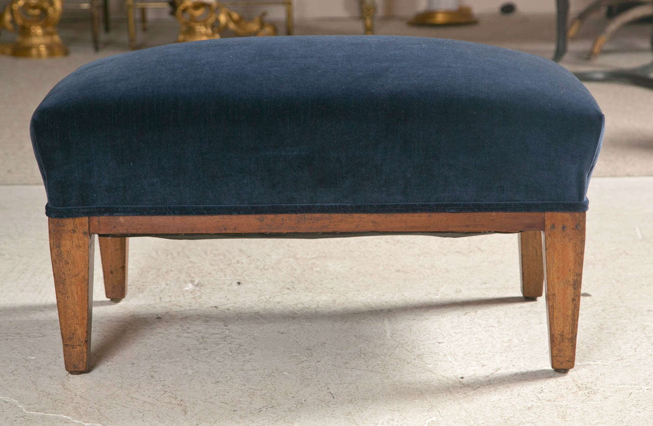 French Foot Stool Upholstered in Blue velvet with Mahogany Tapered Legs ...