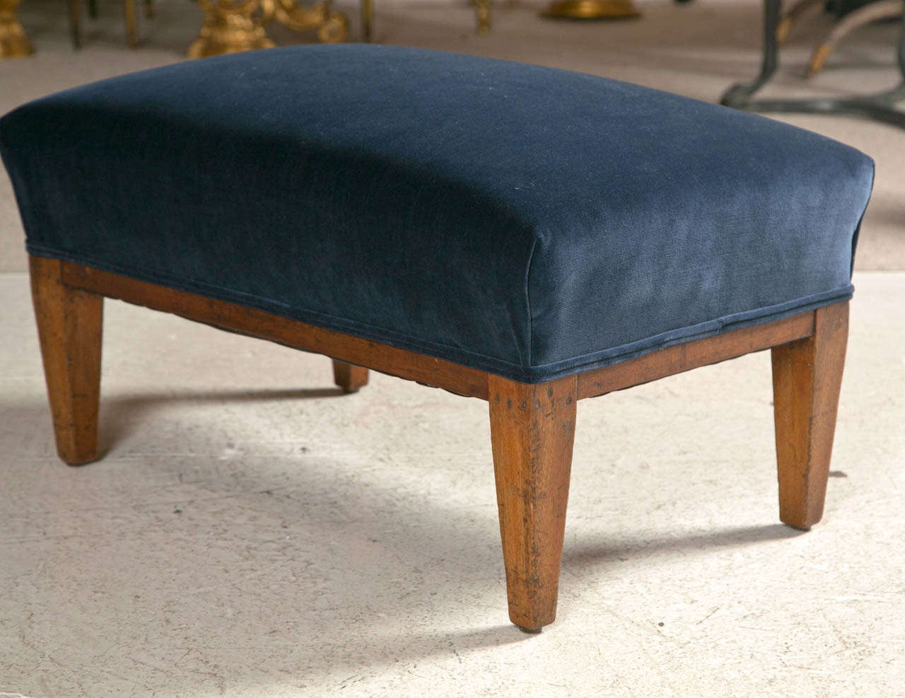French Foot Stool Upholstered in Blue velvet with Mahogany Tapered Legs ...