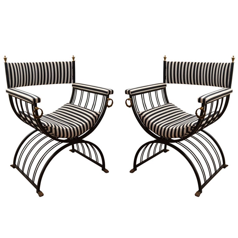 Pair of Roman Inspired Savonarola Chair in Iron with Brass ...