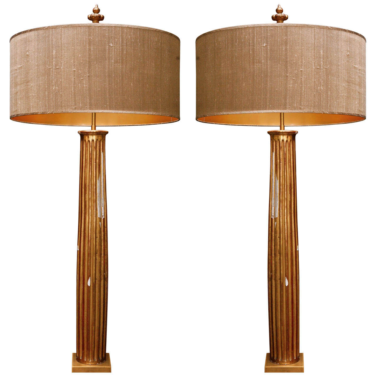 Pair of French Gold Gilded Column Lamps For Sale at 1stDibs