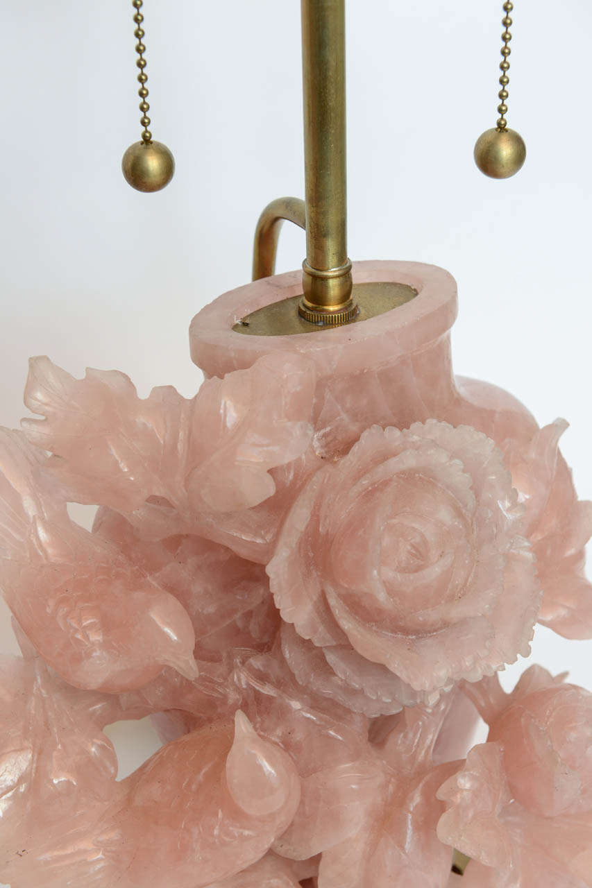 Pair of Chinese Carved Rose Quartz Vases with Birds and Flowers Lamps ...